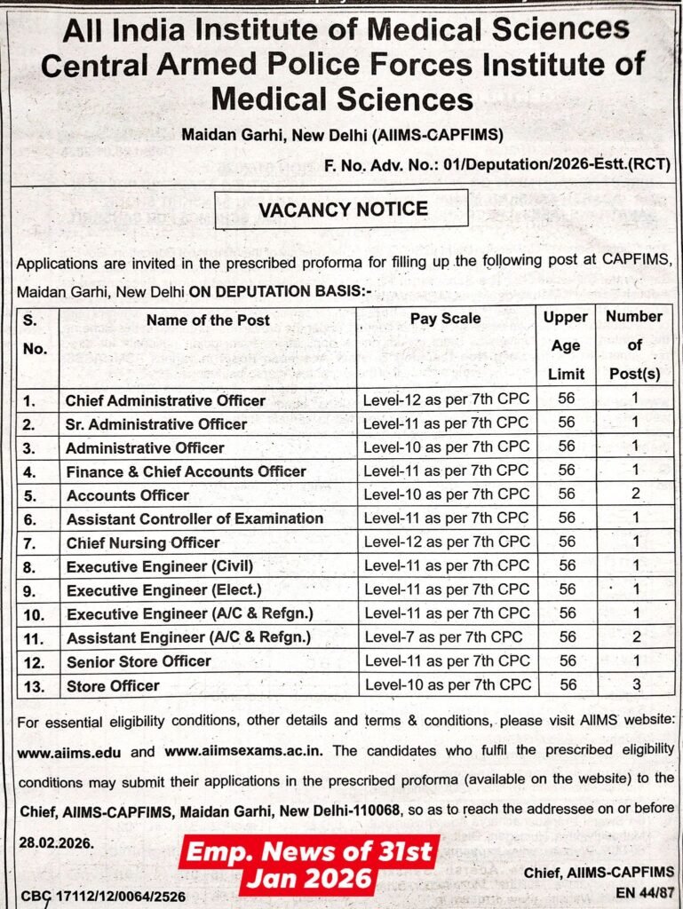 AIIMS CAPFIMS Deputation Recruitment 2026 – Multiple Administrative ...