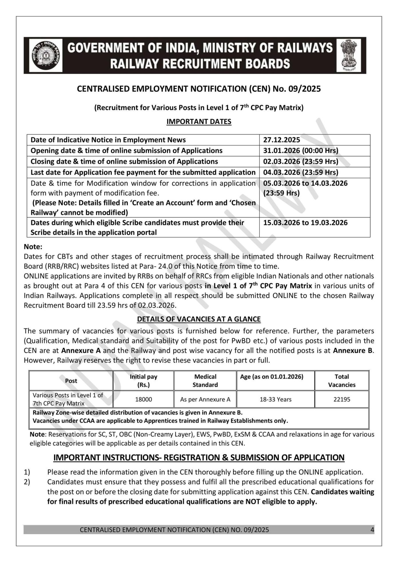 RRB Level 1 Recruitment 2026 – 22,195 Vacancies | CEN No. 09/2025 - JK ...
